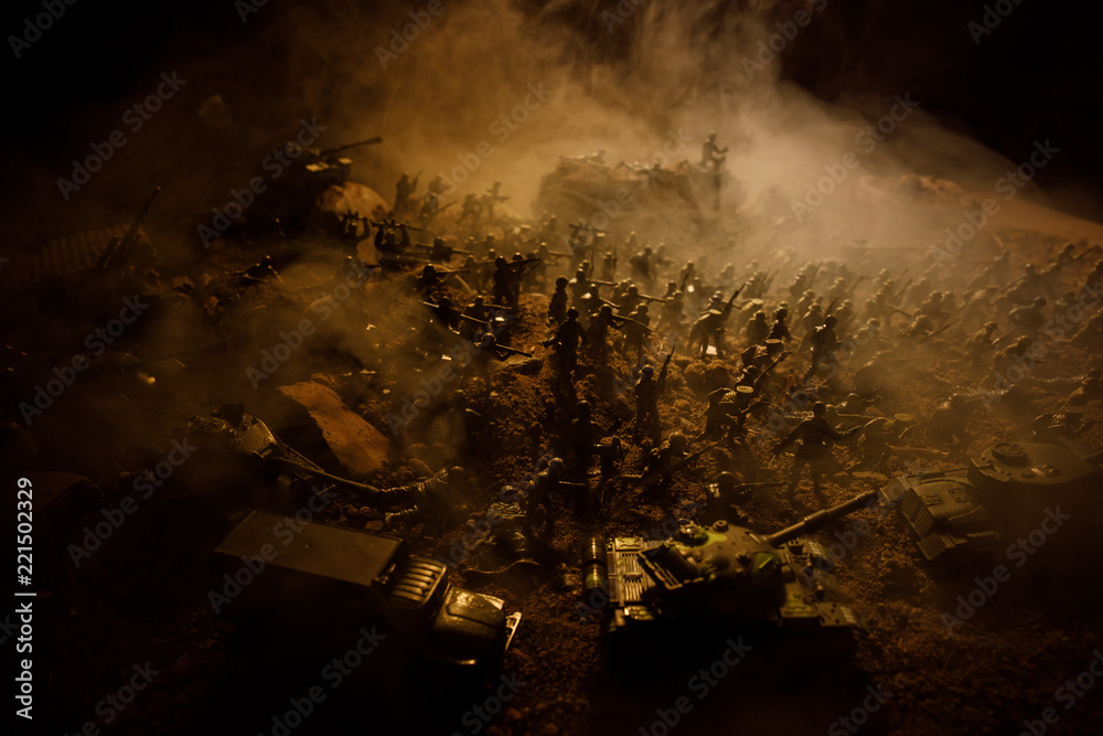 War Concept. Military silhouettes fighting scene on war fog sky ...