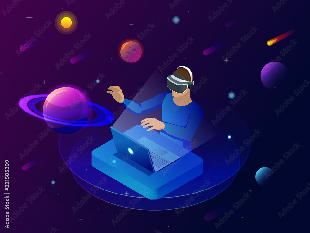 Isometric man in virtual reality glasses looks at the planets of the ...