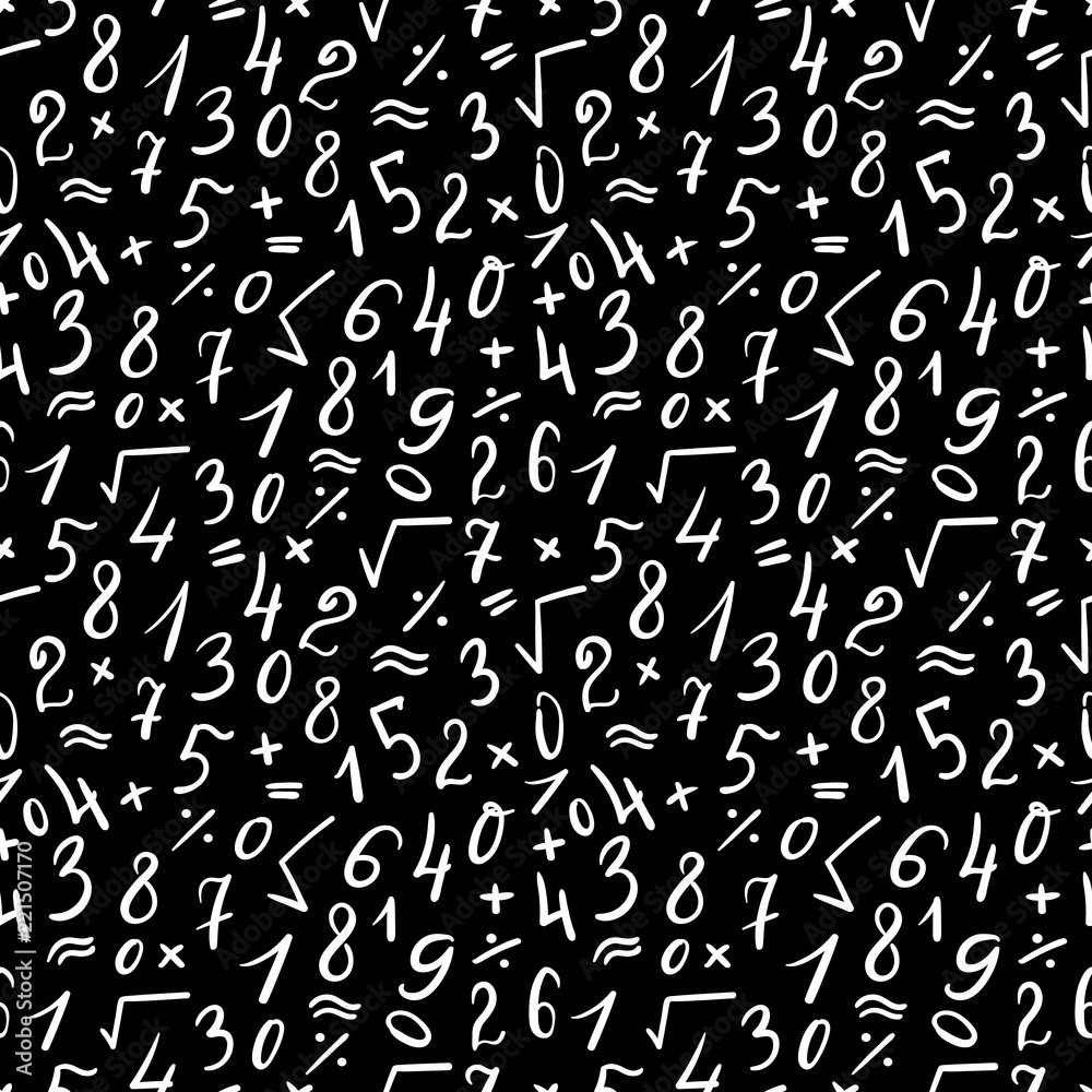 Seamless pattern of hand written numbers and symbols on black ...