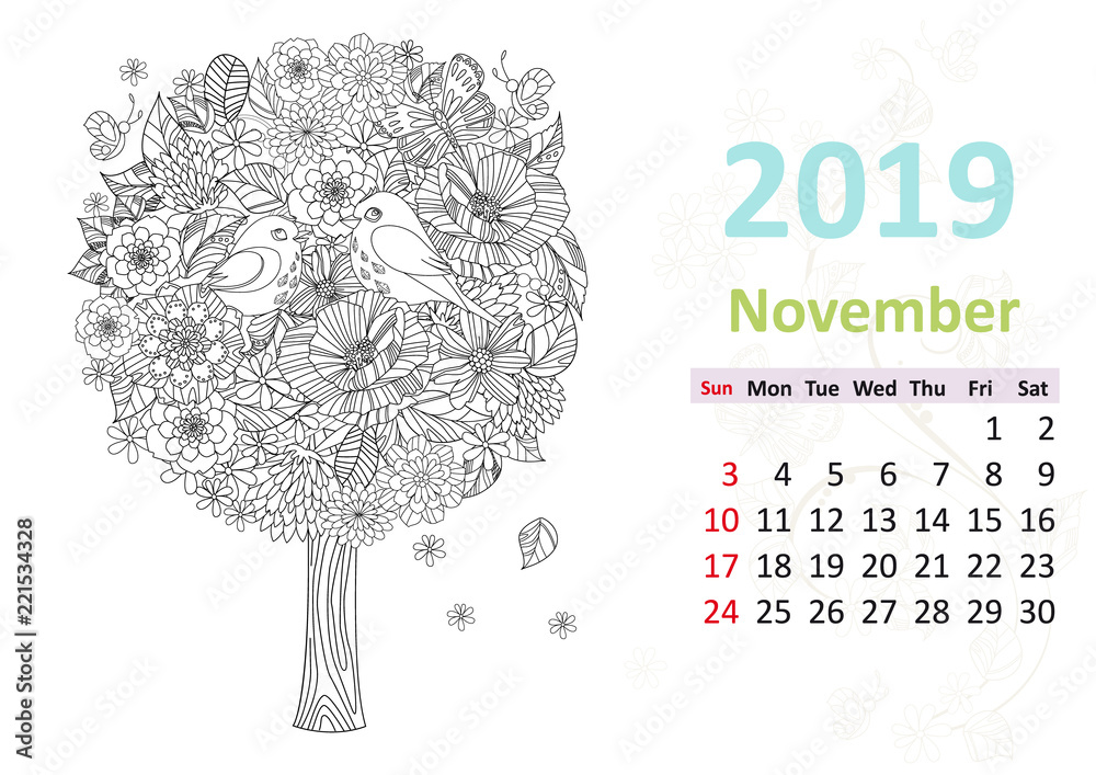Happy coloring page. Calendar for 2019, november Stock Vector | Adobe Stock