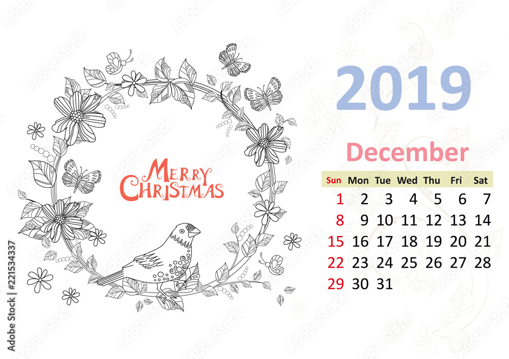 Happy coloring page. Calendar for 2019, december Stock Vector | Adobe Stock