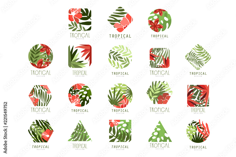 Collection of geometric tropical logo with leaves and flowers Stock ...