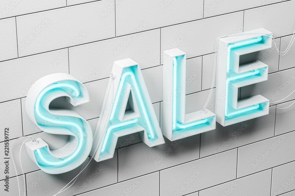 Neon blue sale sign white brick wall, perspective Stock Illustration ...