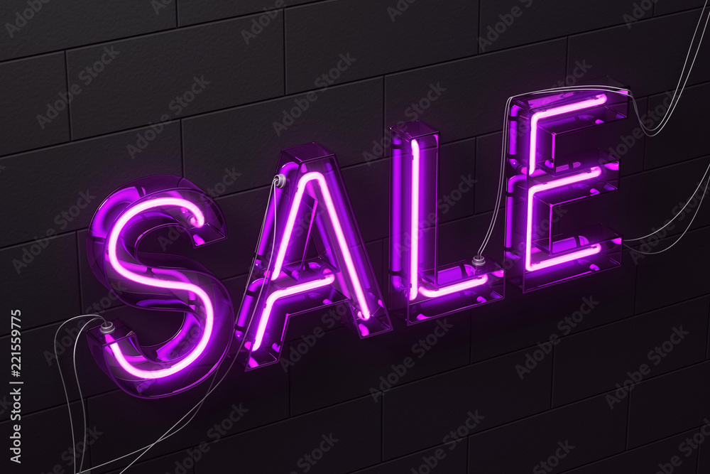 Neon purple sale sign black brick wall perspective Stock Illustration ...