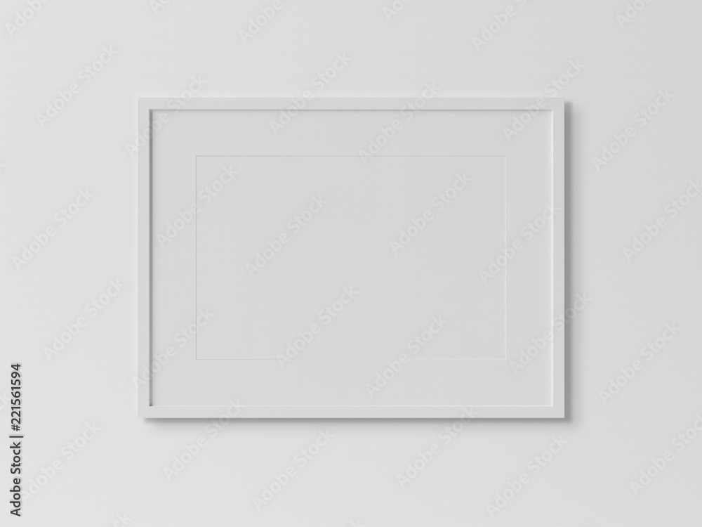 White rectangular horizontal frame hanging on a white wall mockup 3D ...