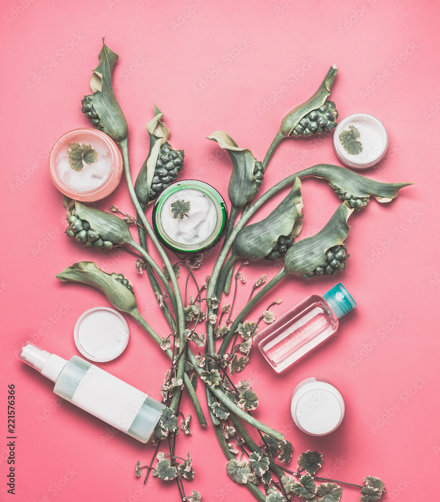 Beauty background with various facial cosmetic products with mock up ...