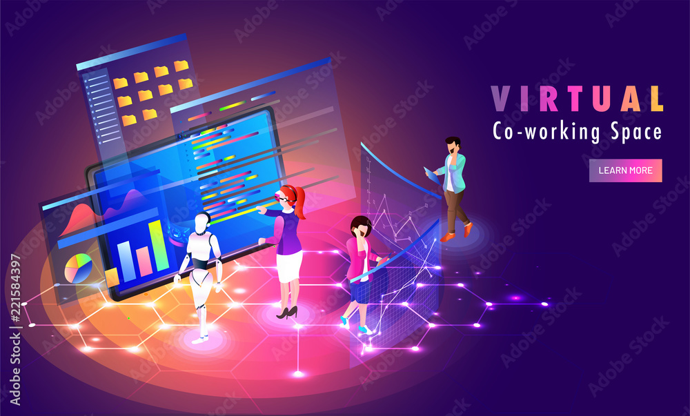 Miniature people working on same project at distant places for Virtual ...