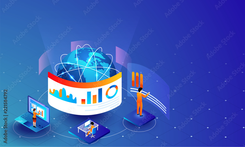 Miniature business people analysis data on shiny blue background for Global Data Analysis ...