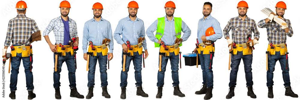 Collection of construction workers. All on white background. Stock ...