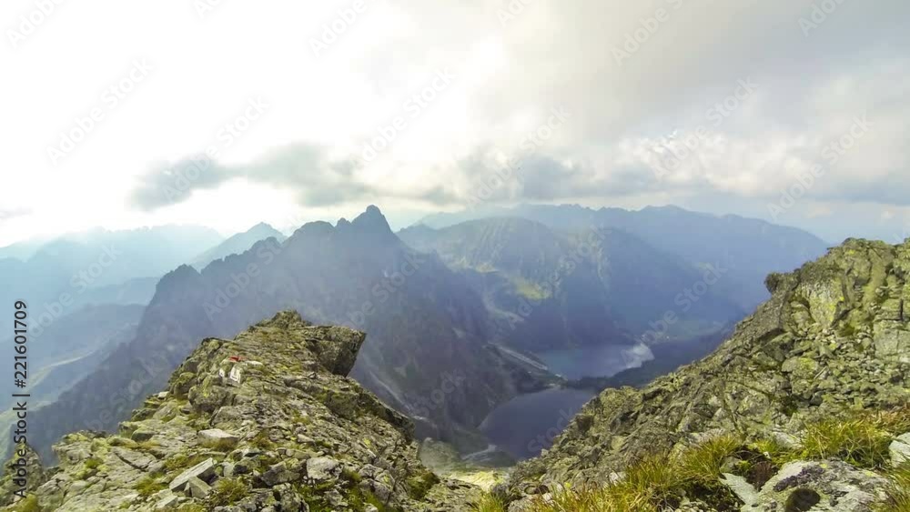 Picturesque aerial view of Morskie Oko Lake and Czarny Staw pod Rysami. View from the mt.Rysy ...