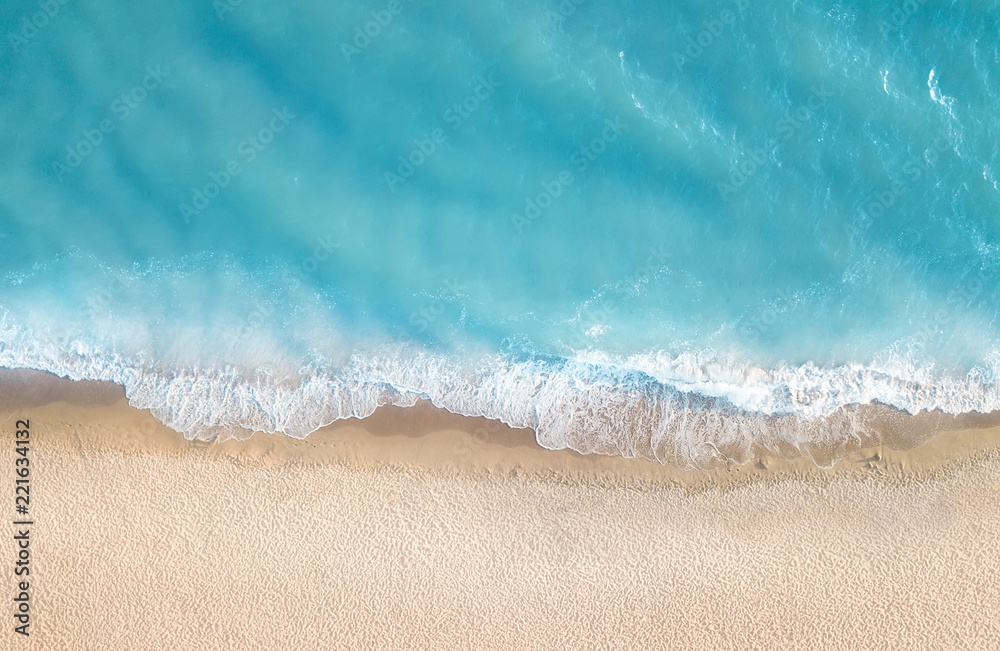 Beach and waves from top view. Aerial view of luxury resting at sunny ...