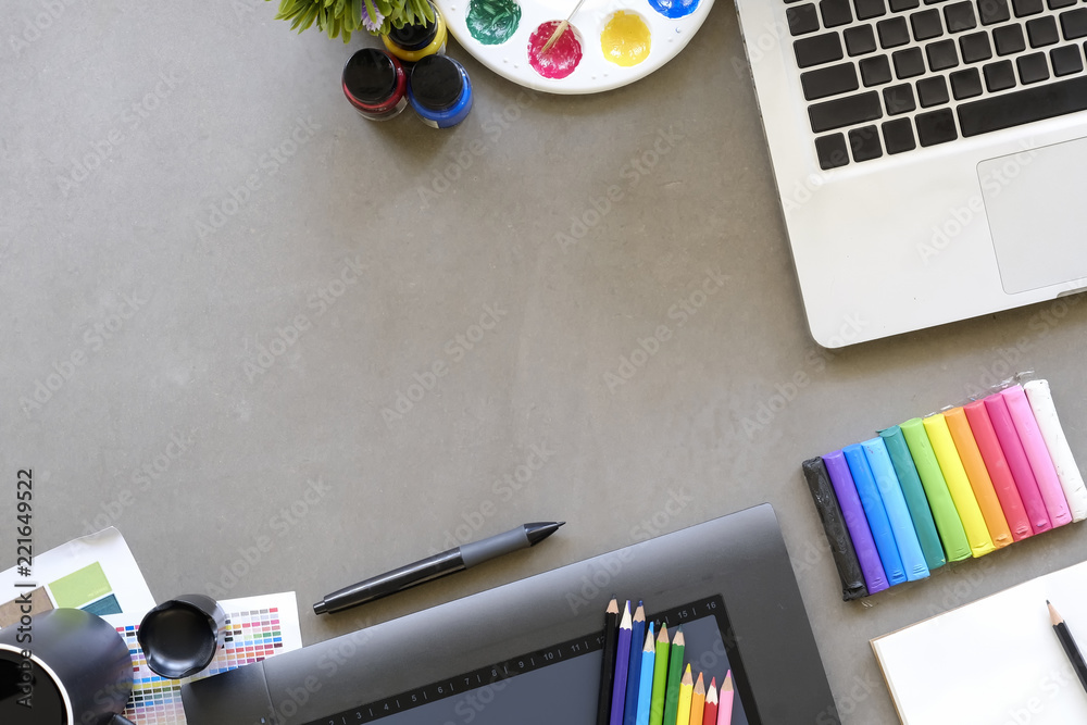 Artist workspace top view a graphic design table with laptop computer ...