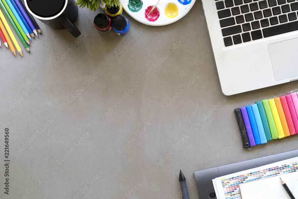 Artist workspace top view a graphic design table with laptop computer ...