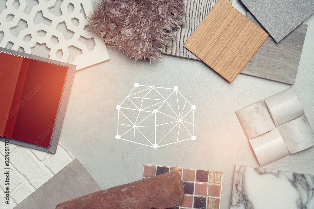 samples of material, wood , on concrete table.Interior design select ...