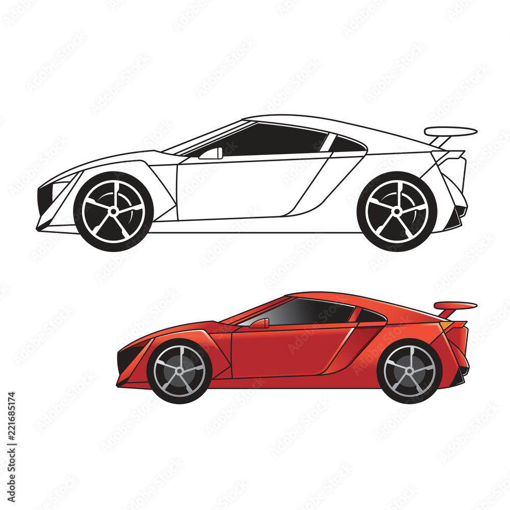red and black outline car isolated on white background vector drawing ...