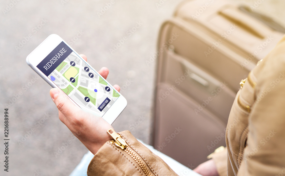 Woman using rideshare app. Ride share application in mobile phone ...
