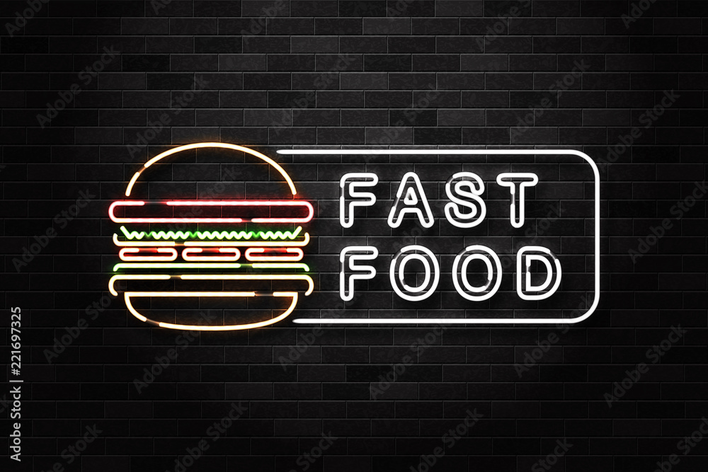 Vector realistic isolated neon sign of fast food logo with burger for ...