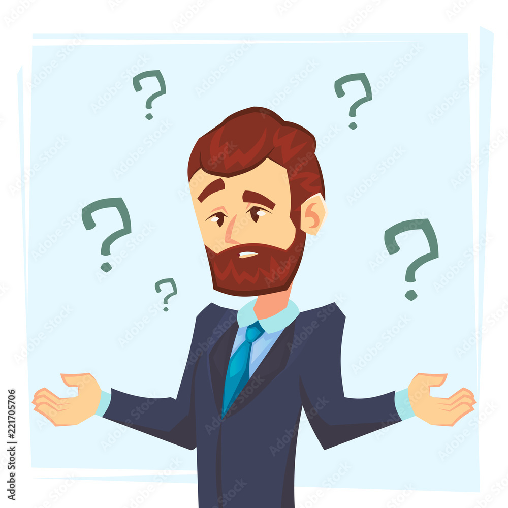 Thinking businessman standing under question marks. Young caucasian ...