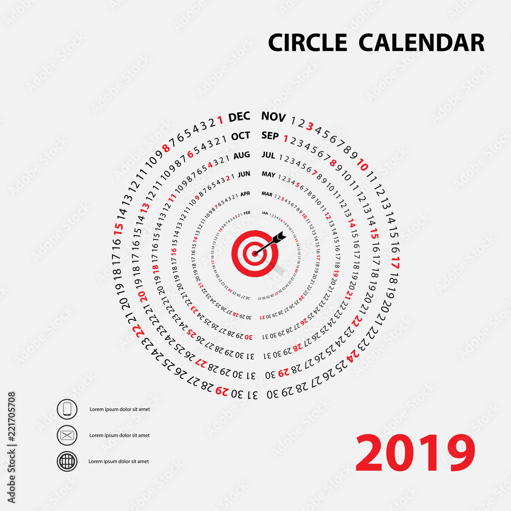 2019 Calendar Template.Circle calendar.Calendar 2019 Set of 12 Months ...