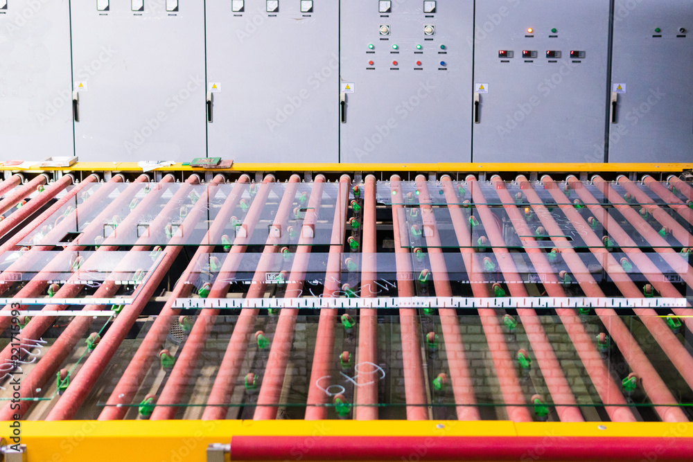 Conveyor belt for production a window pane. Industrial equipment ...