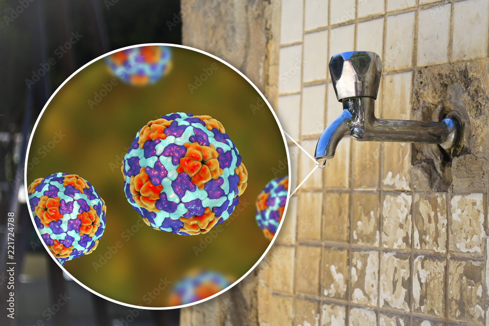 Safety of drinking water concept, 3D illustration showing Hepatitis A ...