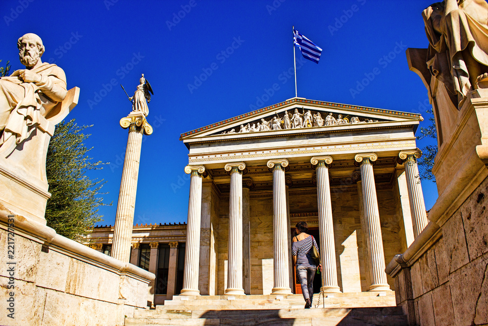 The statues of the ancient Greek philosopher Plato and Greek Goddess ...
