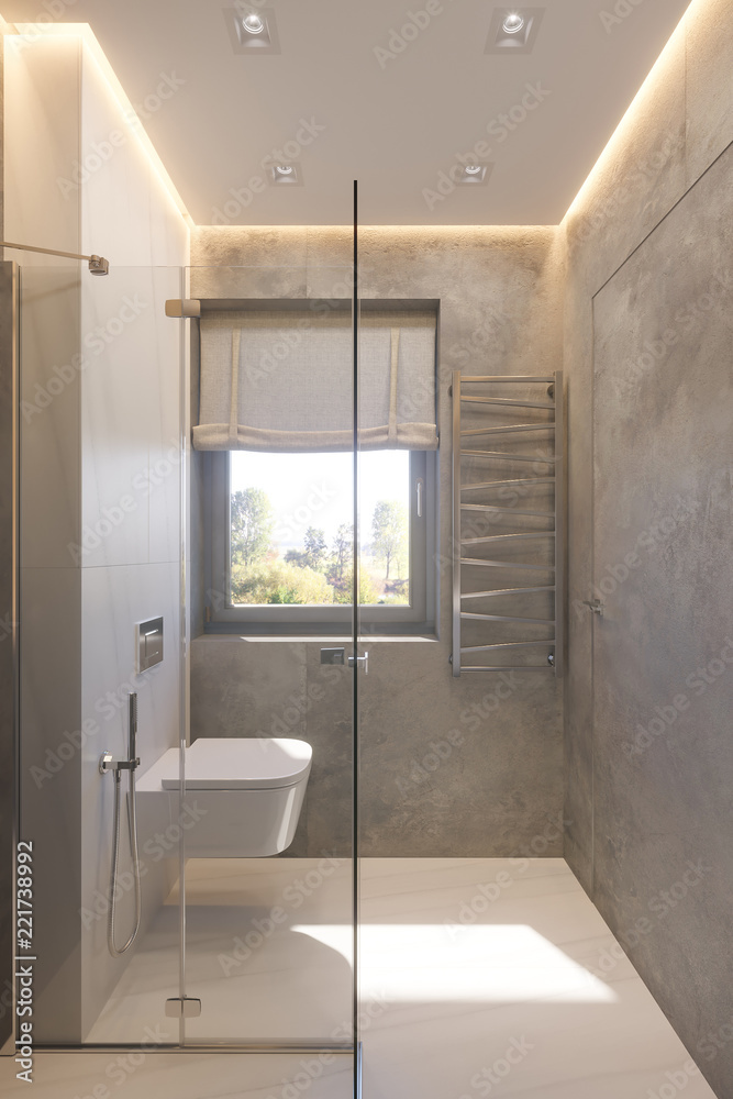 3d render interior design of the bathroom with glass walk in shower ...
