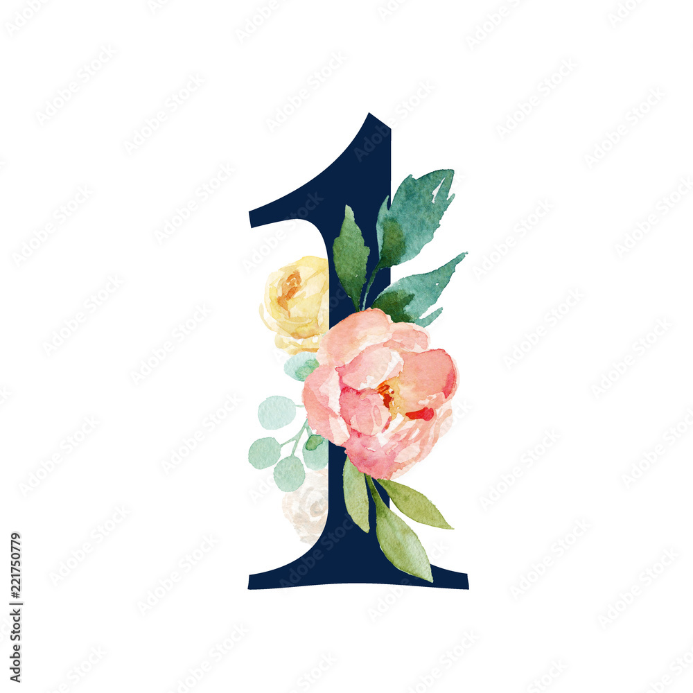 Navy Floral Number - digit 1 with flowers bouquet composition. Unique ...