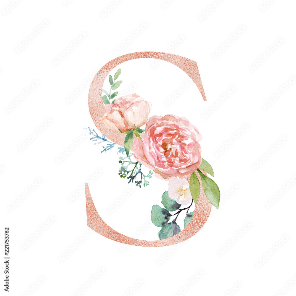 Floral Alphabet - blush / peach color letter S with flowers bouquet ...