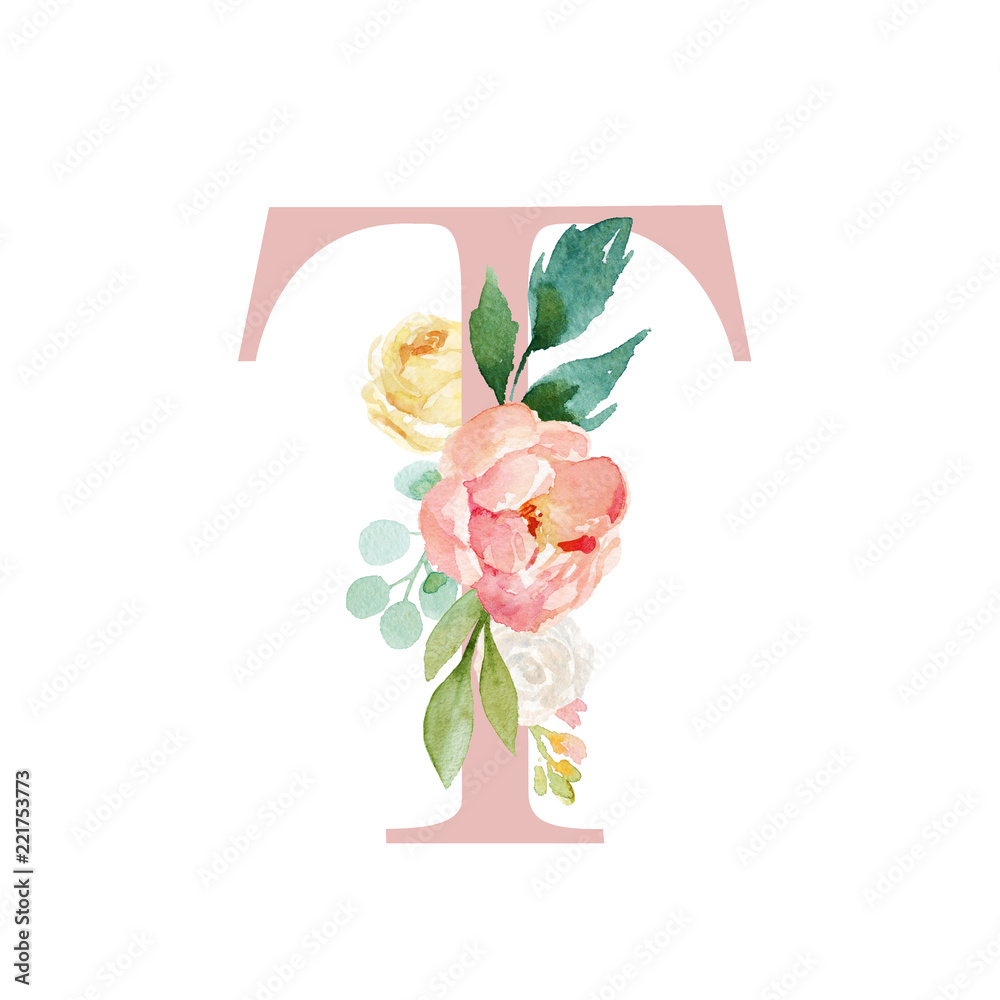 Floral Alphabet - blush / peach color letter T with flowers bouquet ...