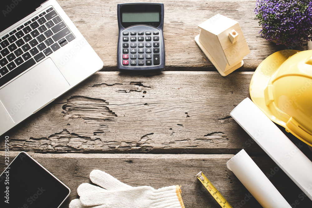 Engineer and home construction concept, house model, blue print and ...