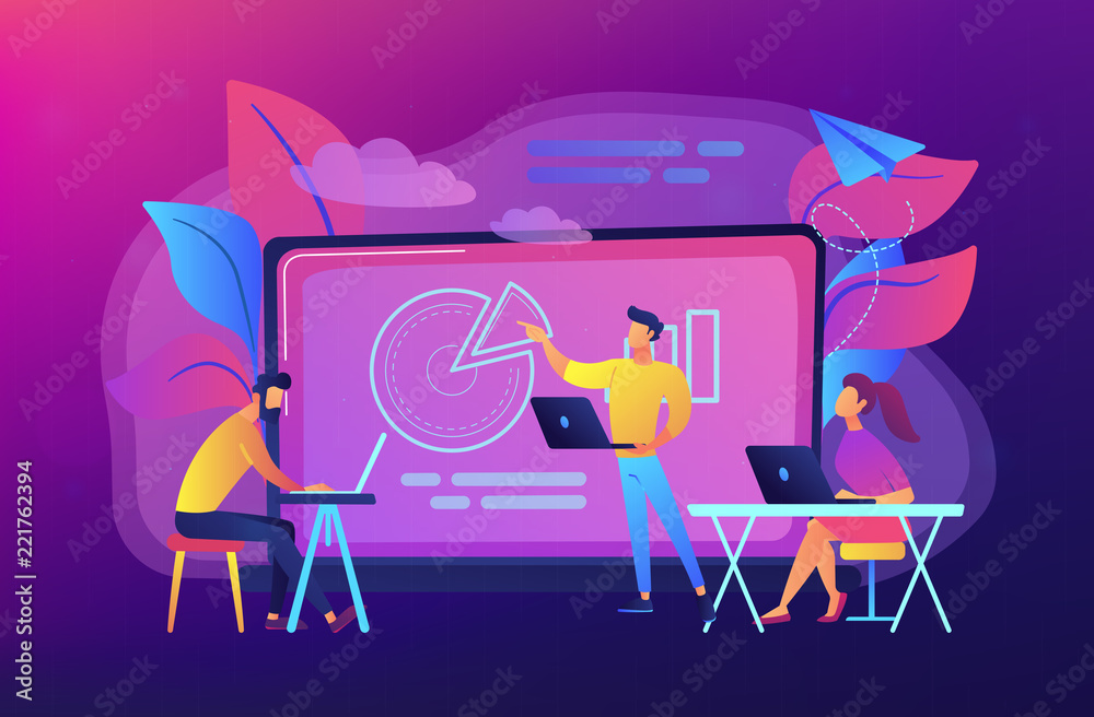 Students with laptops sitting around lector behind interactive board ...