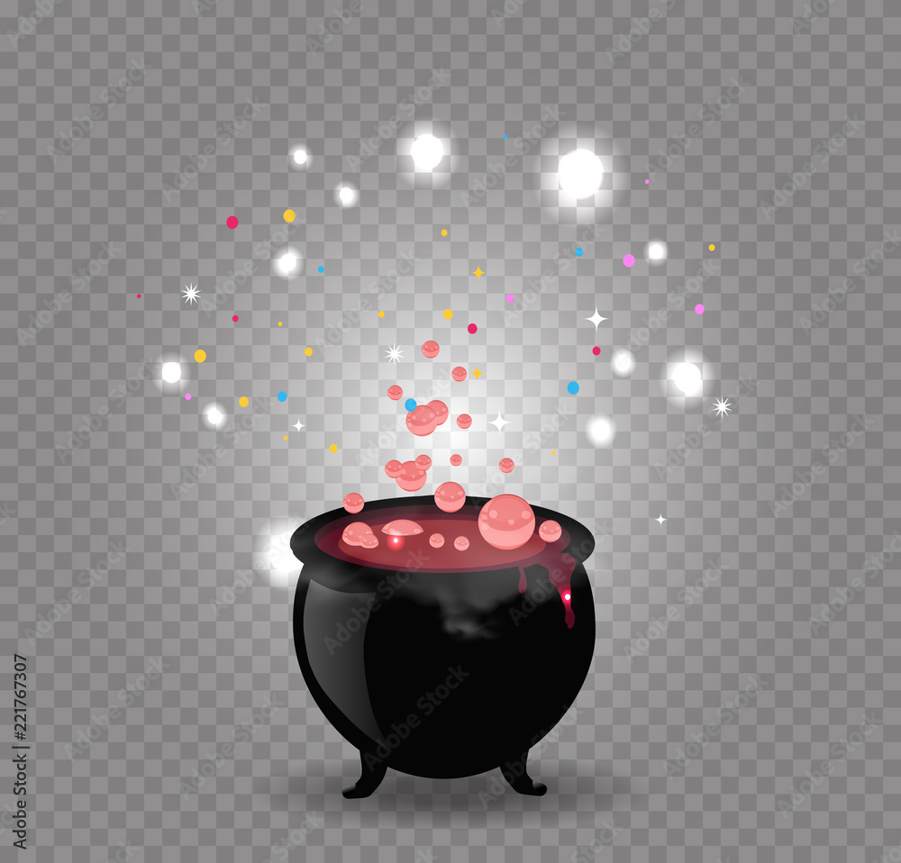 Black witch cauldron with red sparkling potion and bubbles isolated ...