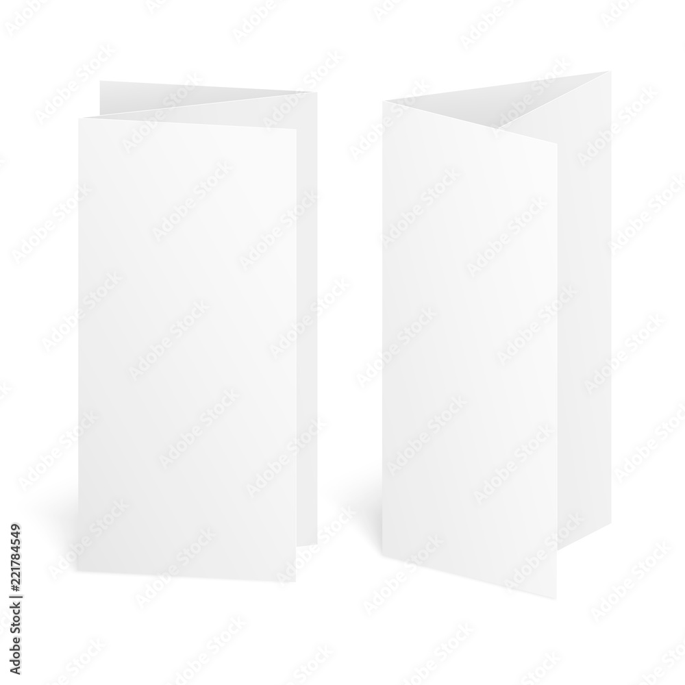Blank three fold paper brochure on white background with soft shadows ...