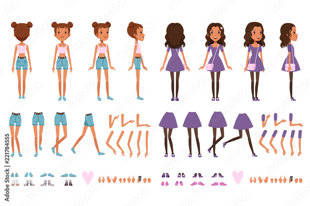 Teenager girl character constructor, creation set. Full length front ...
