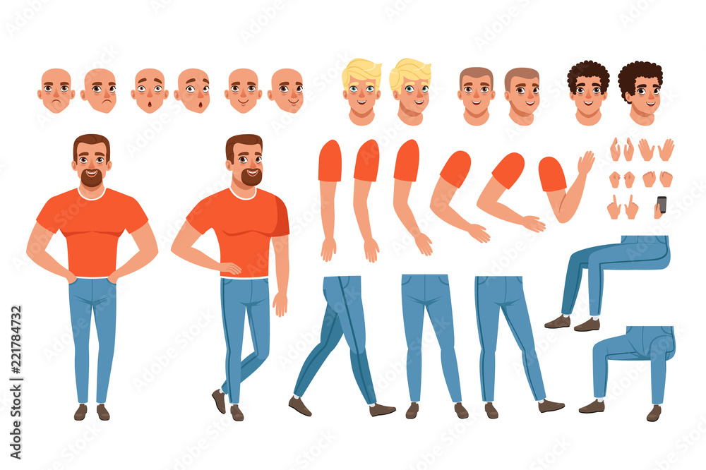 Creation set of young man, constructor for animation. Full length ...