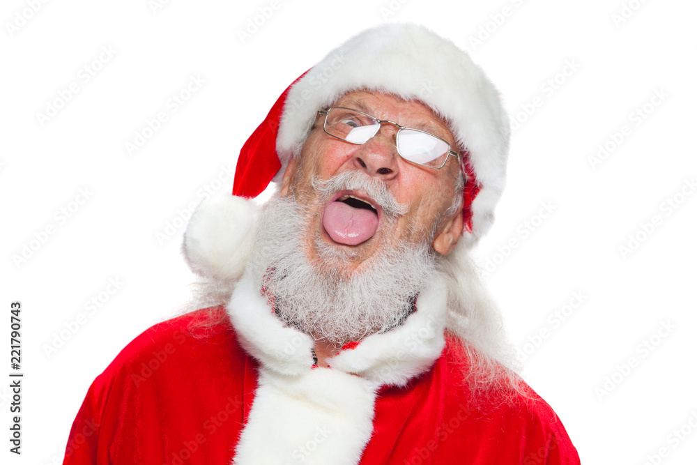 Christmas. Good Santa Claus in white gloves shows faces, grimaces ...