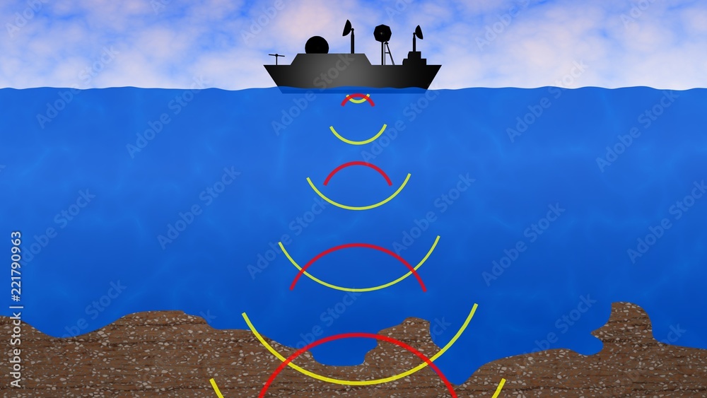 Ship on sea sending, receiving sonar signals. 3d rendering Stock ...