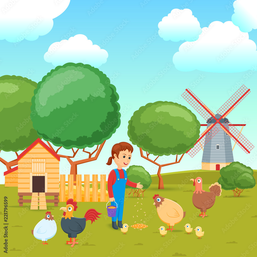 Cartoon concept on a agricultural theme. Rural scene with woman and ...