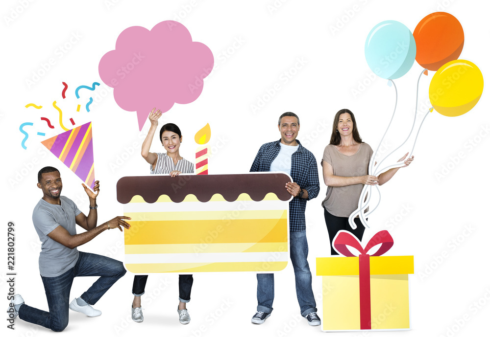 Happy diverse people holding birthday cake Stock Photo | Adobe Stock