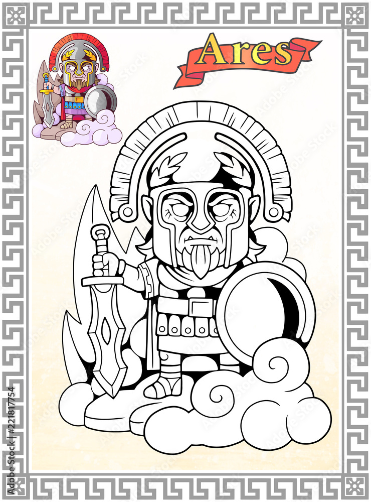 cartoon ancient greek god ares with sword in hand, funny illustration ...