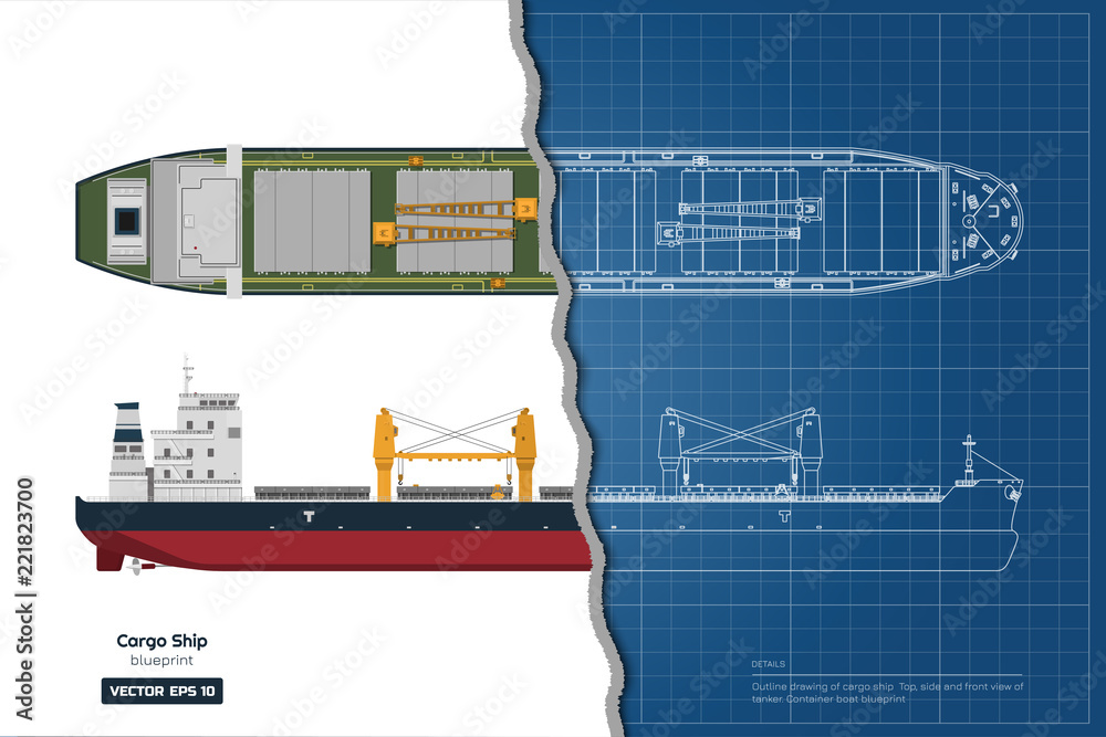 Blueprint of cargo ship on white background. Top, side and front view ...