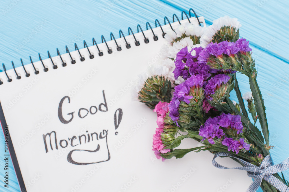 Good morning wish concept. Bouquet of statice limonium flowers and ...