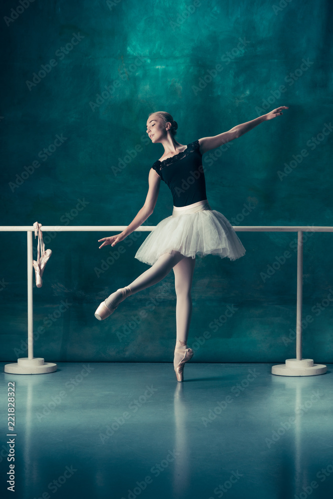 The classic ballet dancer in white tutu posing at ballet barre on ...