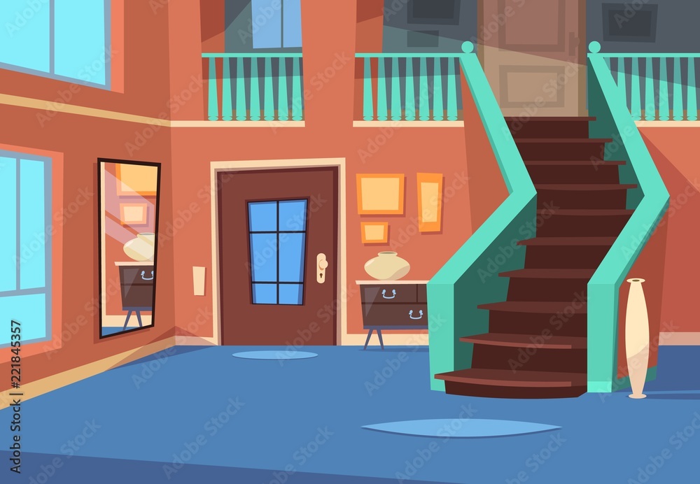 Cartoon hallway. House entrance interior with stairs and mirror ...