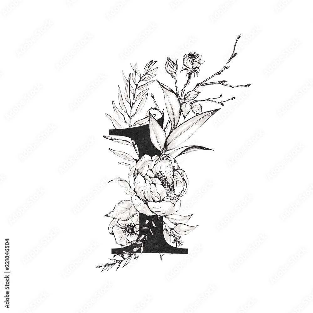 Graphic Floral Numbers - digit 1 with black and white inked flowers ...