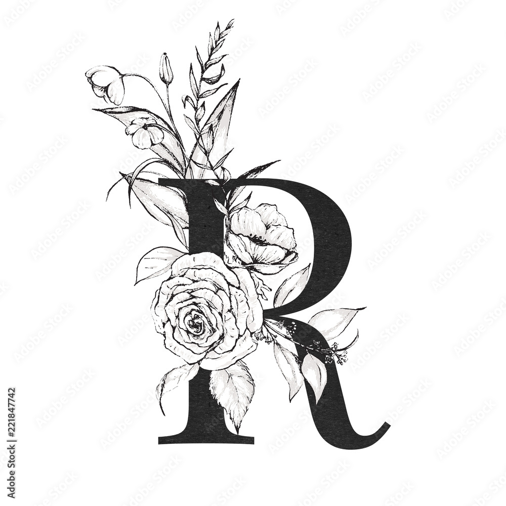 Graphic Floral Alphabet - letter R with black and white flowers bouquet ...