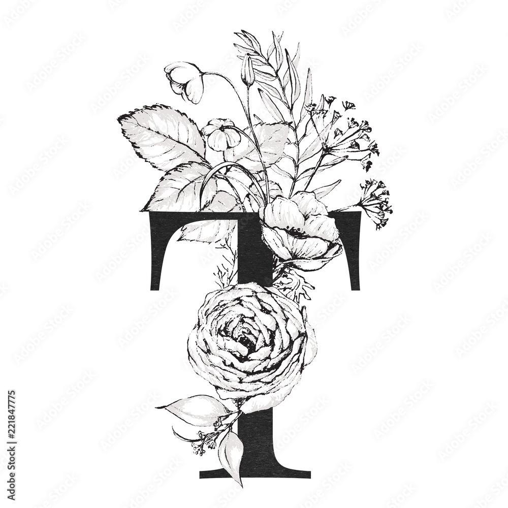 Graphic Floral Alphabet - letter T with black and white flowers bouquet ...