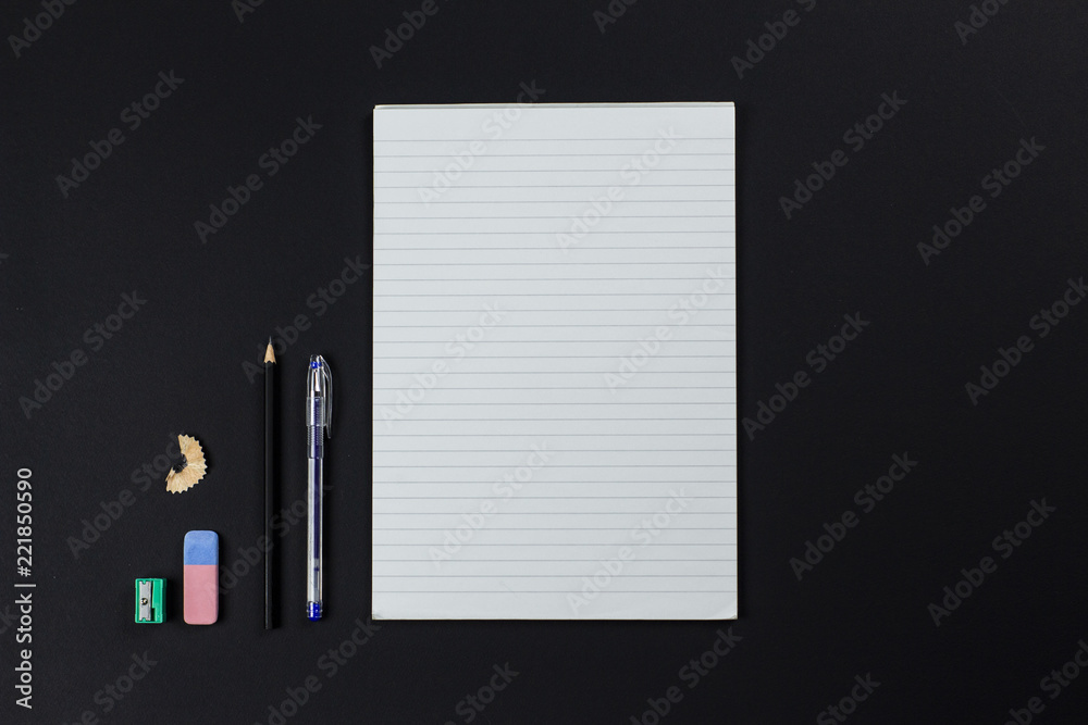 A flat lay photo of stationery set: pencil, rubber, sharpener and ...