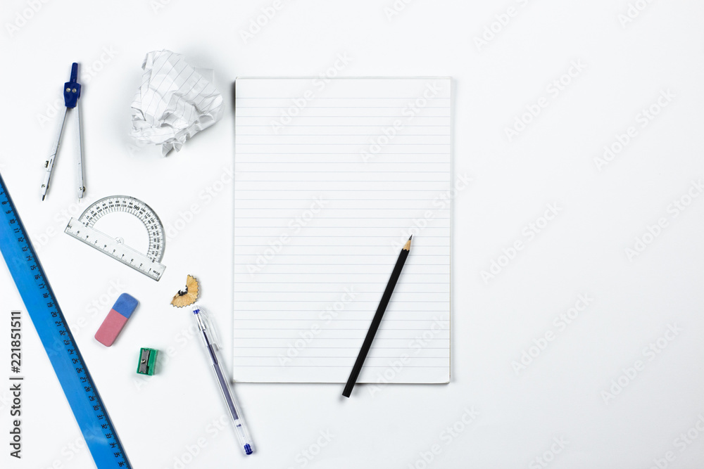 A photo of stationery set: pencil, rubber, sharpener, compass ...